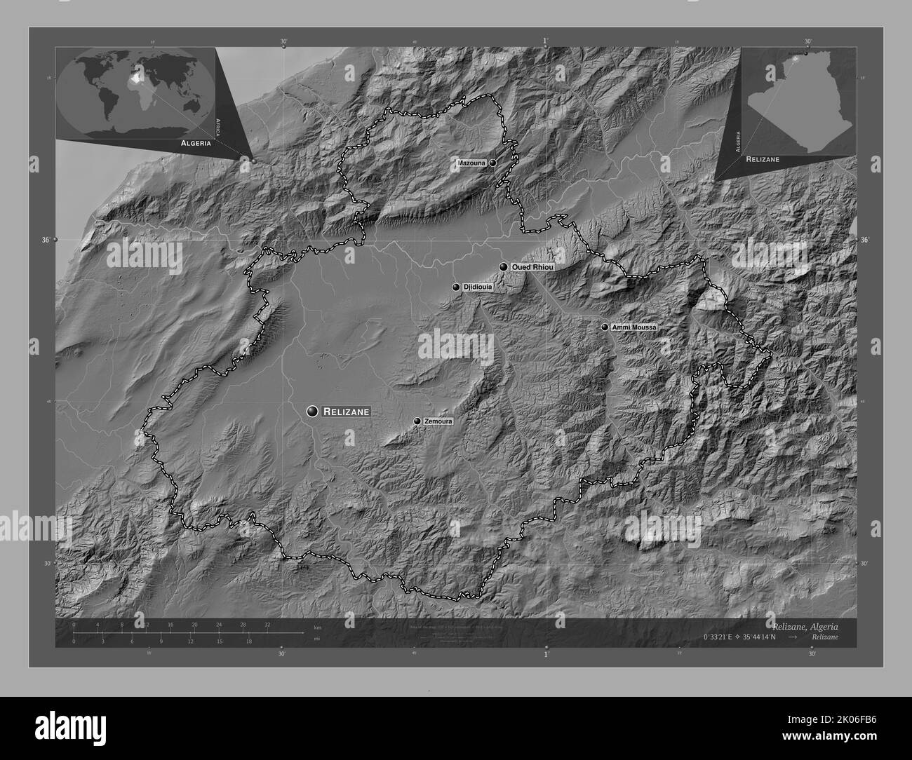 Relizane, province of Algeria. Bilevel elevation map with lakes and ...