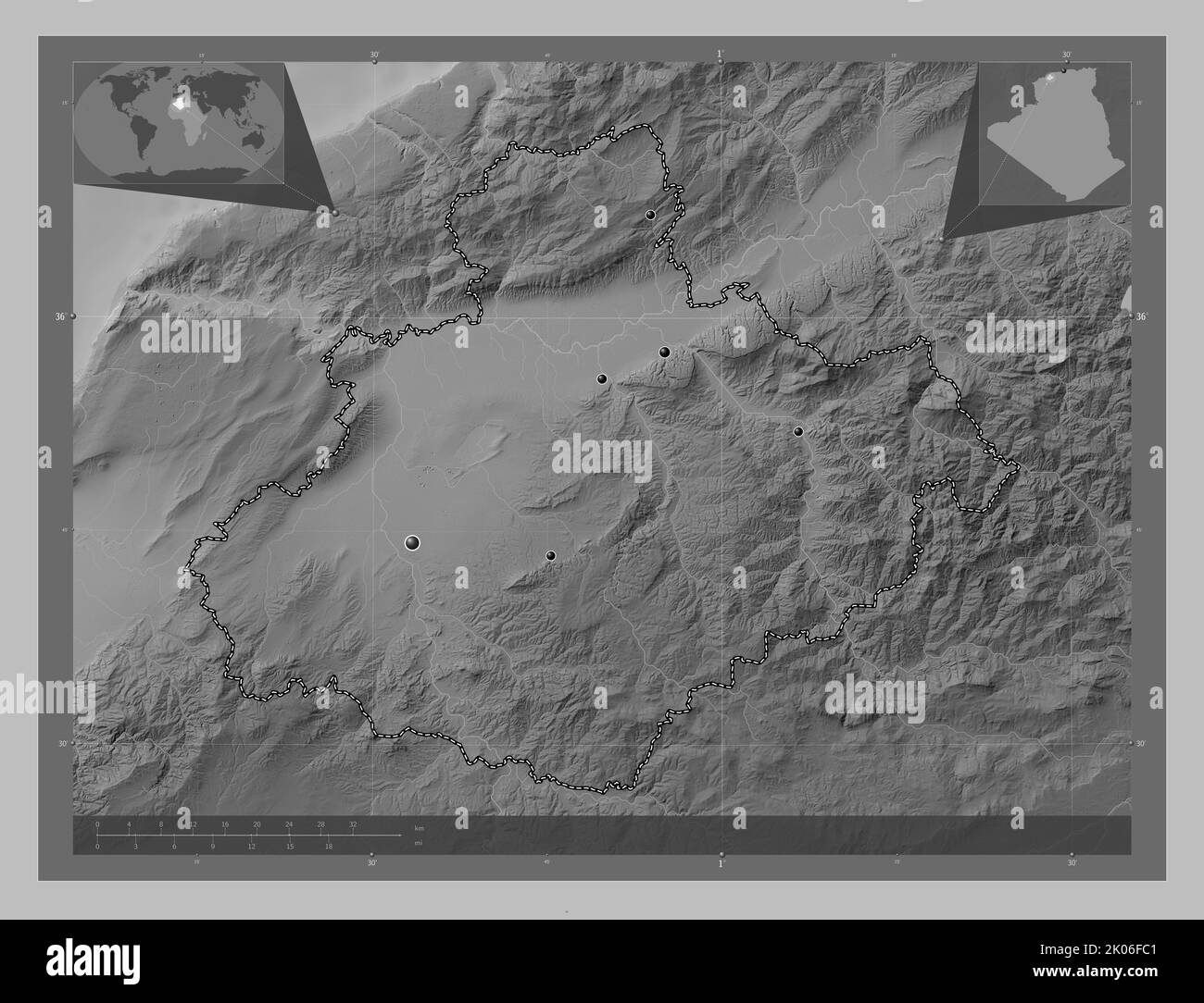 Relizane, province of Algeria. Grayscale elevation map with lakes and ...