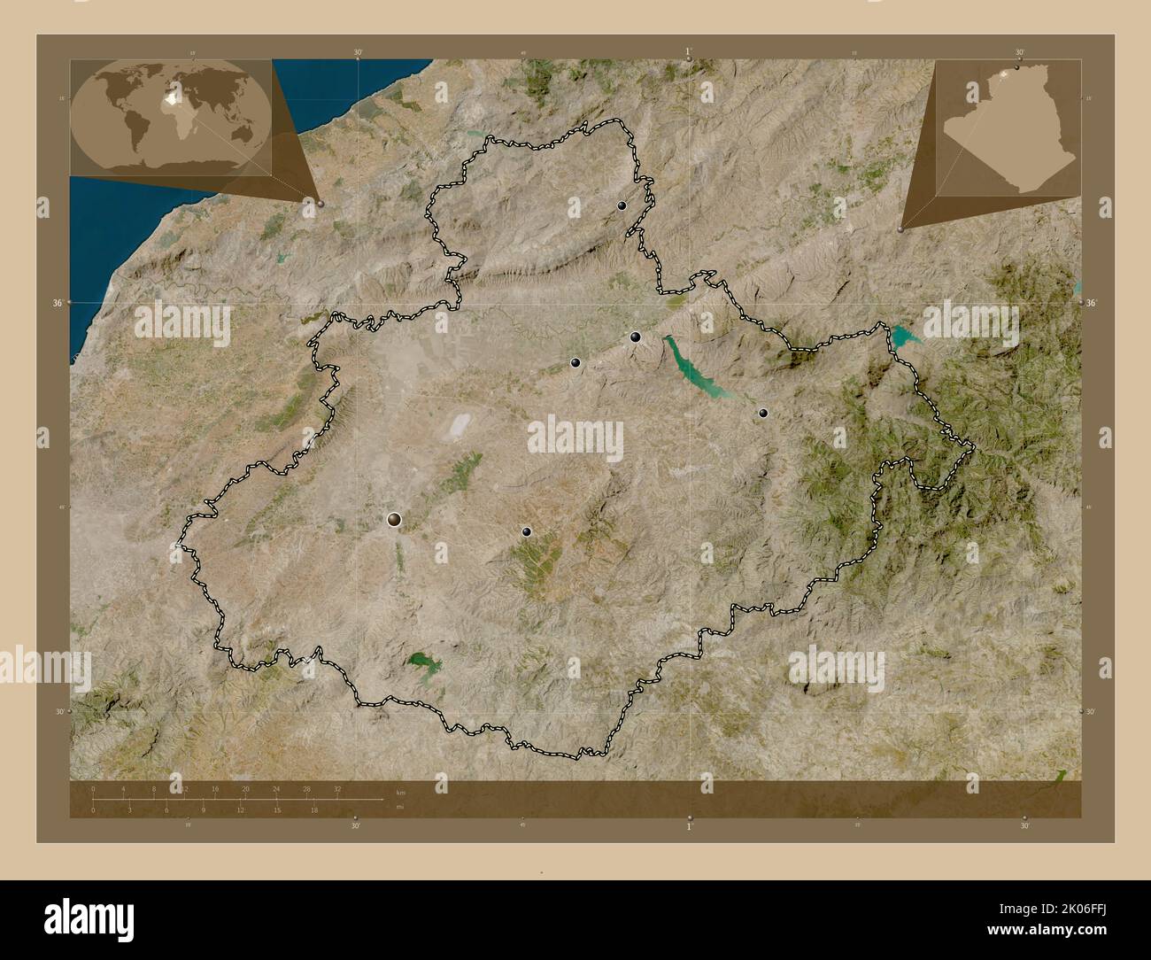 Relizane, province of Algeria. Low resolution satellite map. Locations ...