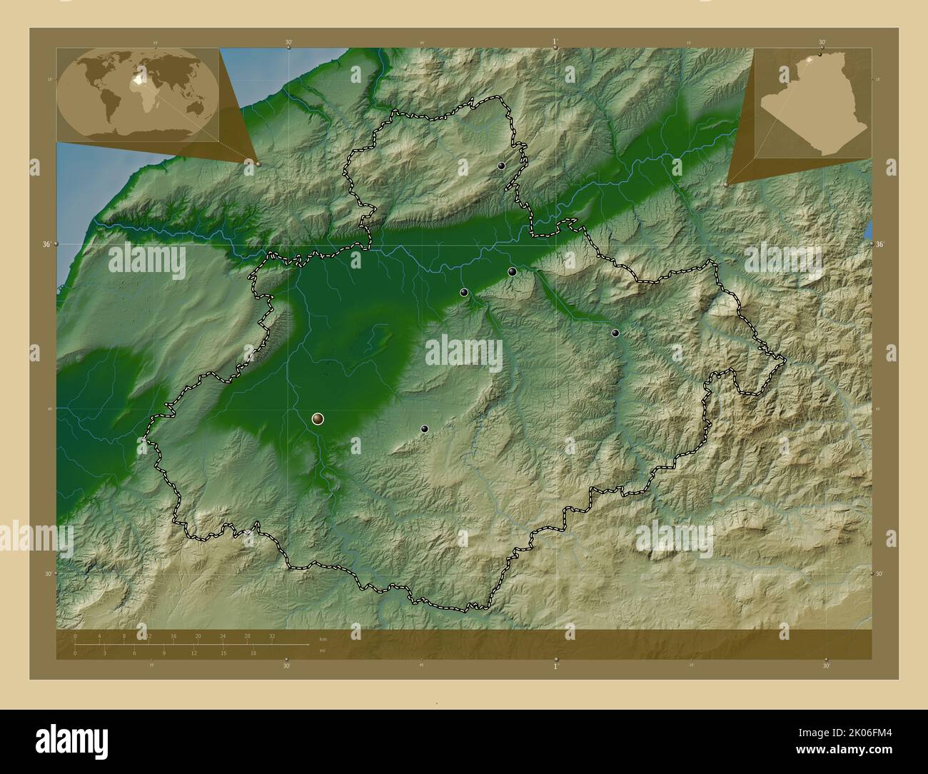Relizane, province of Algeria. Colored elevation map with lakes and ...