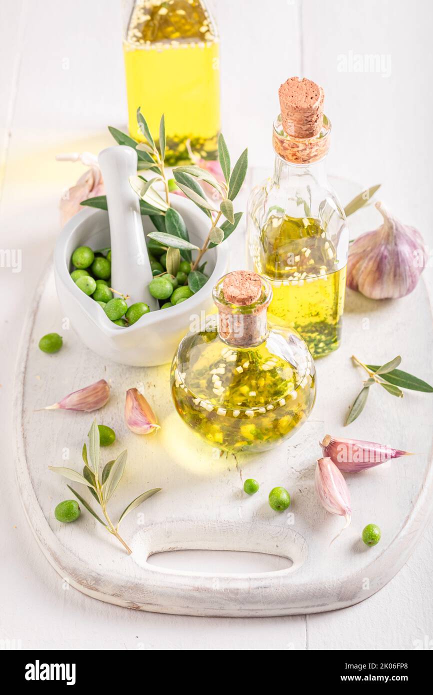 Tasty and intense oil with oil, garlic and herbs. Flavored oil in ...