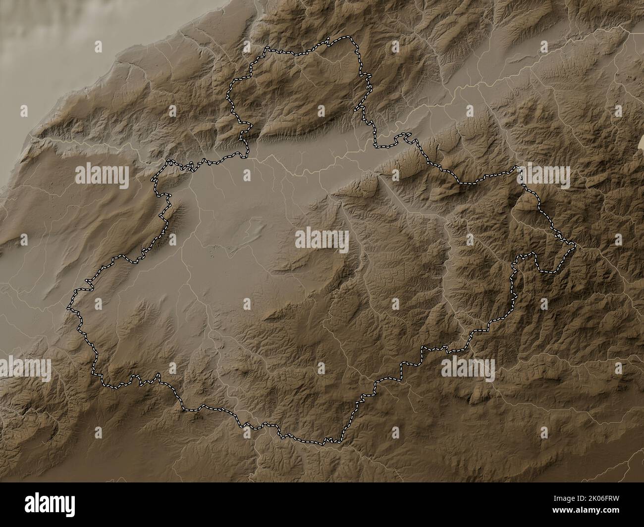 Relizane, province of Algeria. Elevation map colored in sepia tones ...