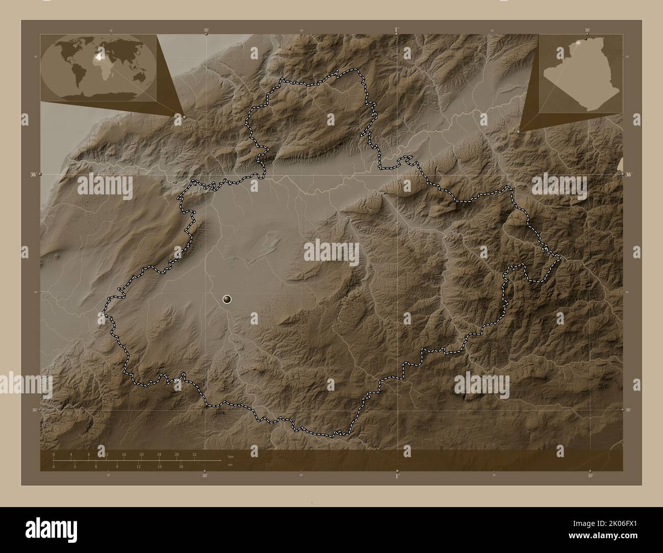Relizane, province of Algeria. Elevation map colored in sepia tones ...