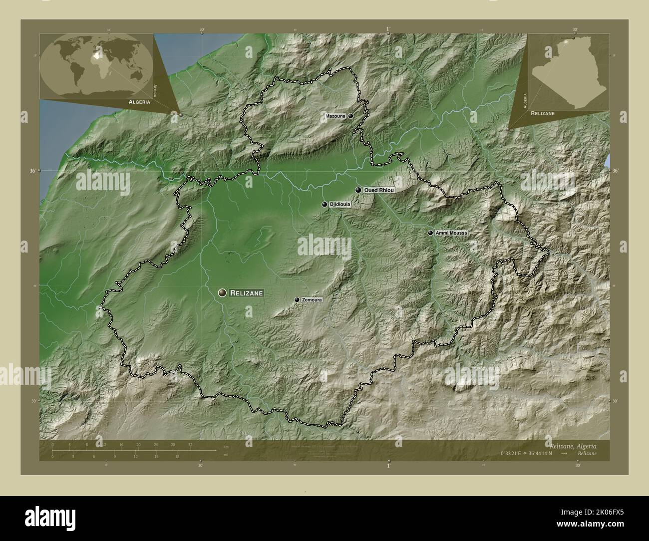 Relizane, province of Algeria. Elevation map colored in wiki style with ...