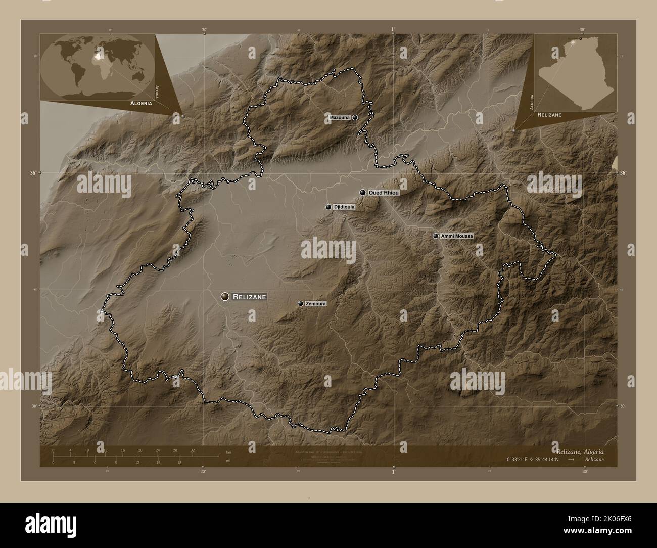 Relizane, province of Algeria. Elevation map colored in sepia tones ...