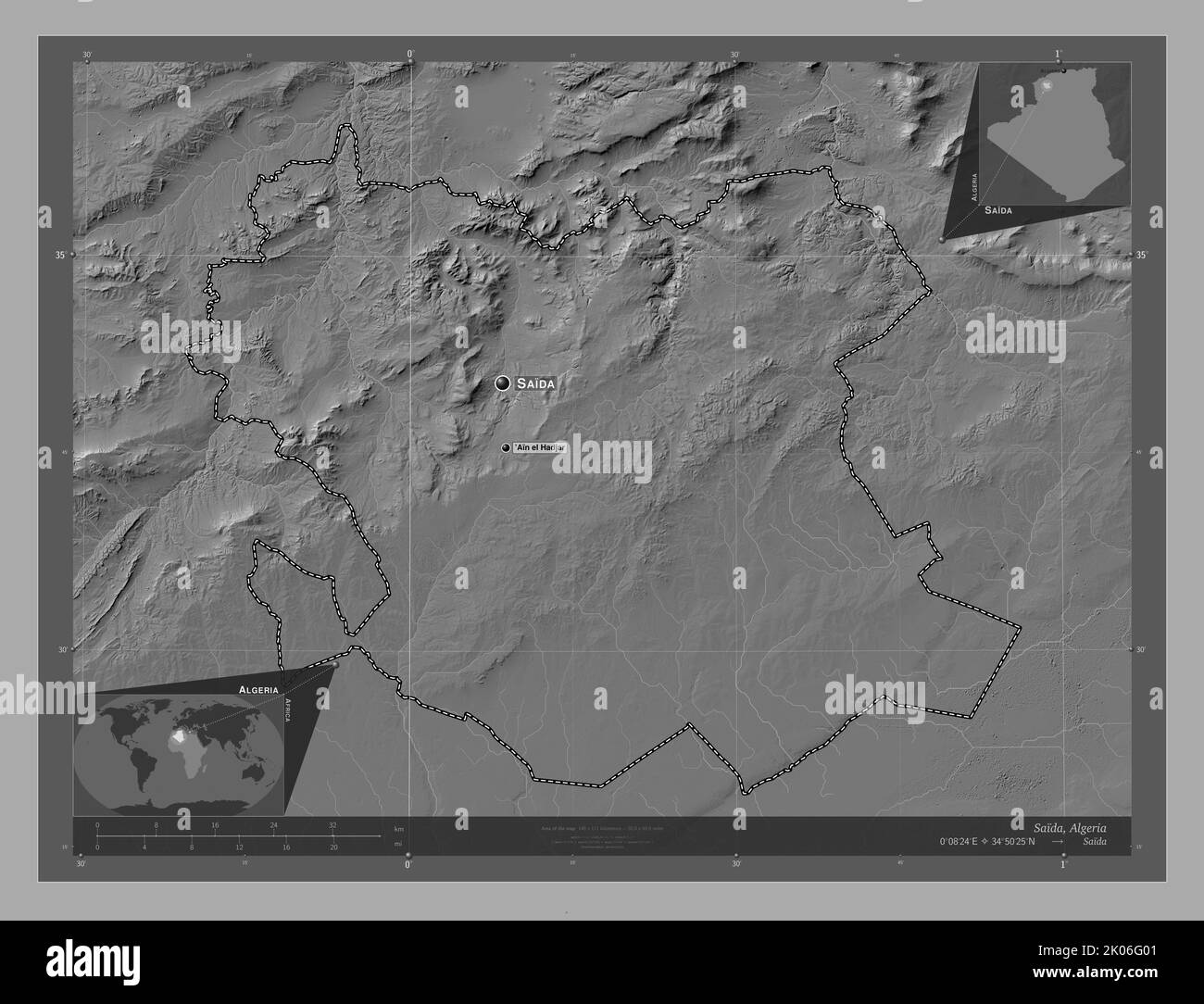 Saida, province of Algeria. Bilevel elevation map with lakes and rivers ...