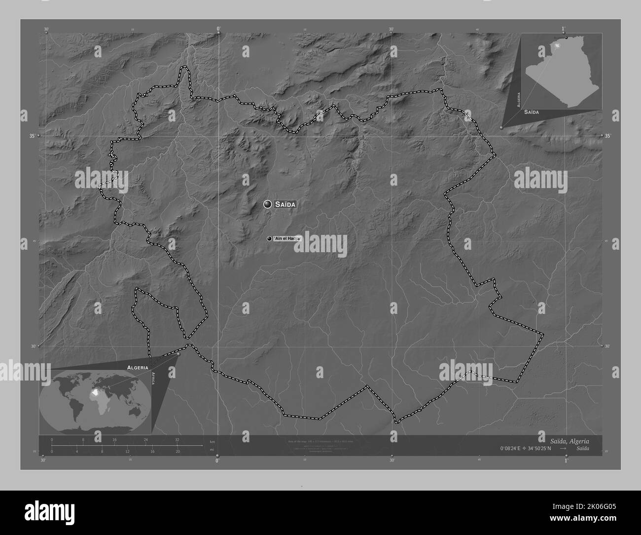 Saida, province of Algeria. Grayscale elevation map with lakes and ...