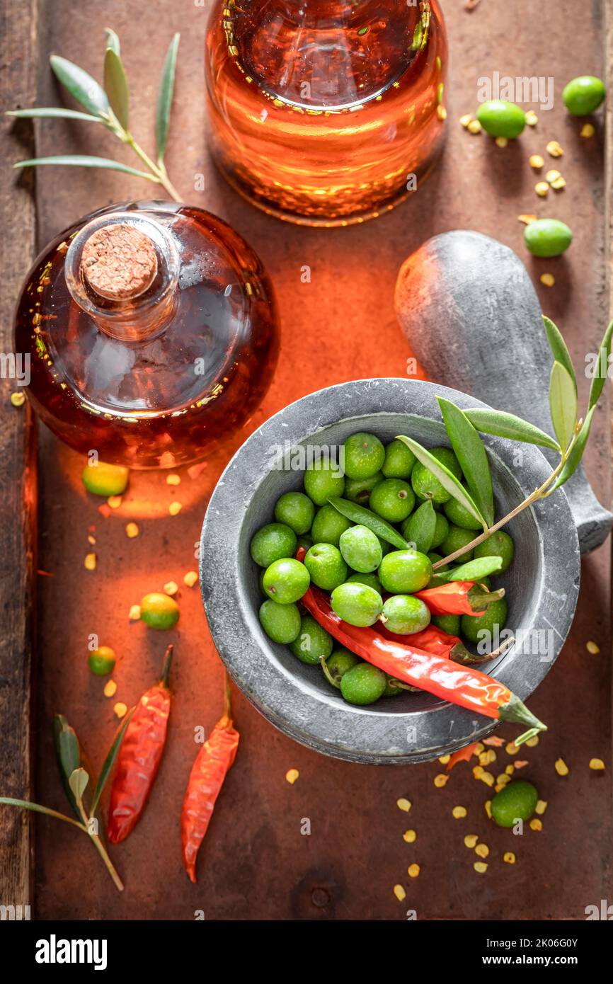 Healthy and delicious oil with oil and hot chilli peppers. Flavored oil ...