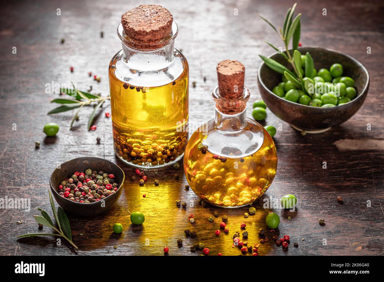 Spicy and delicious oil with mix of peppers. Flavored oil in bottle ...