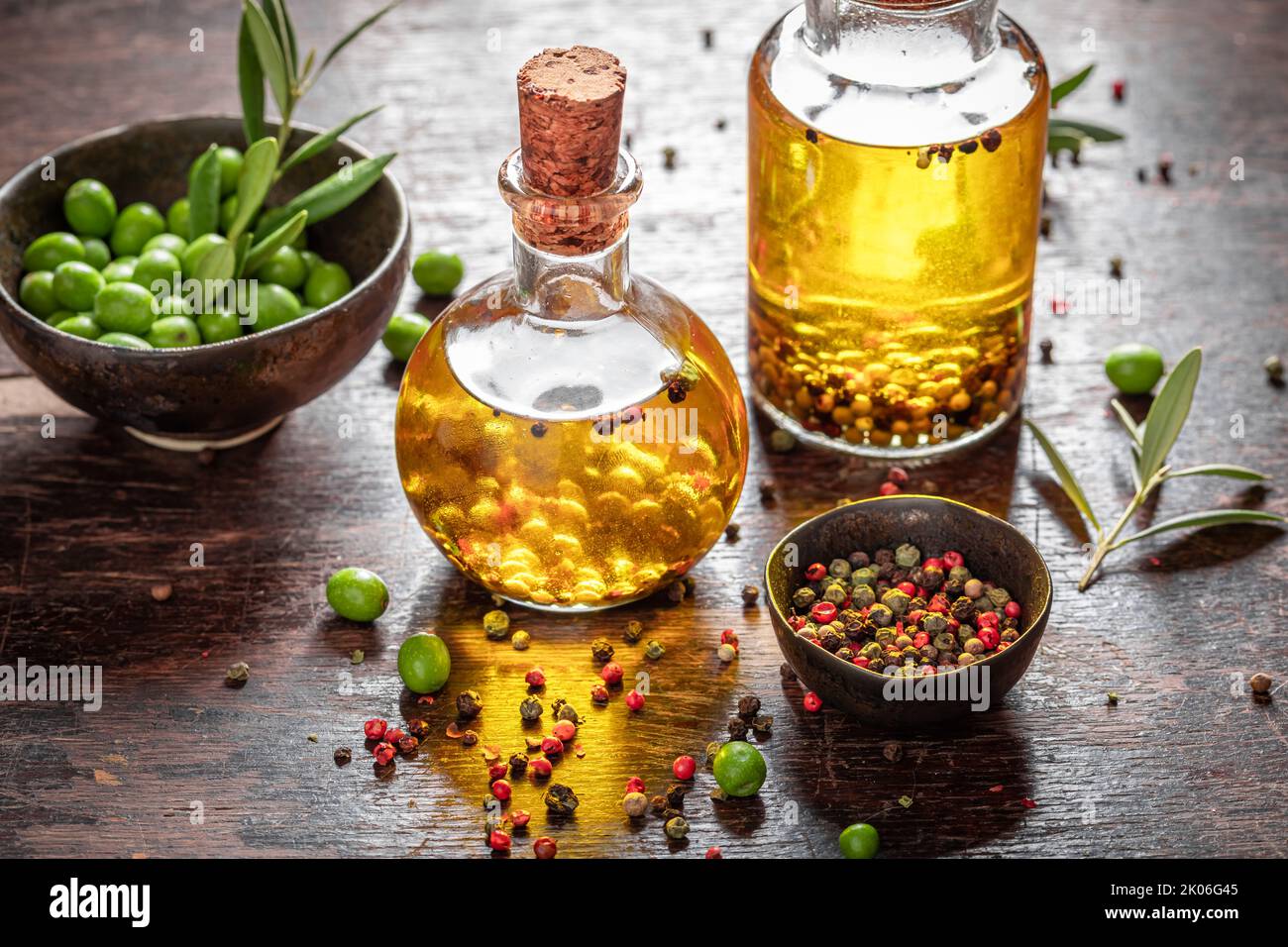 Spicy and delicious oil with oil and mix of peppers. Flavored oil in ...