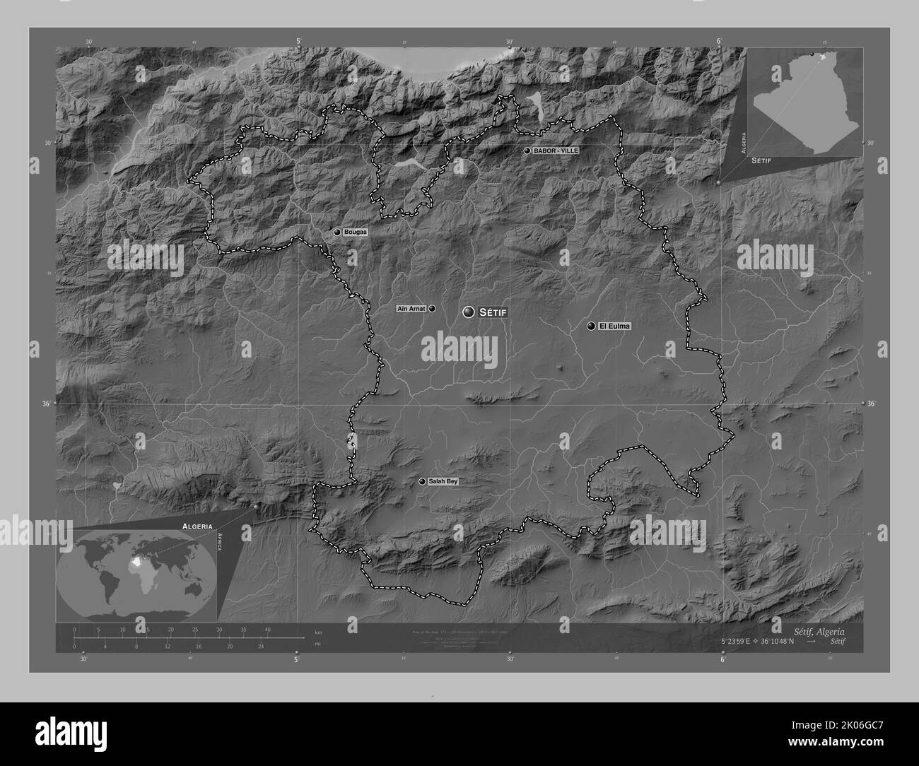 Setif, province of Algeria. Grayscale elevation map with lakes and ...