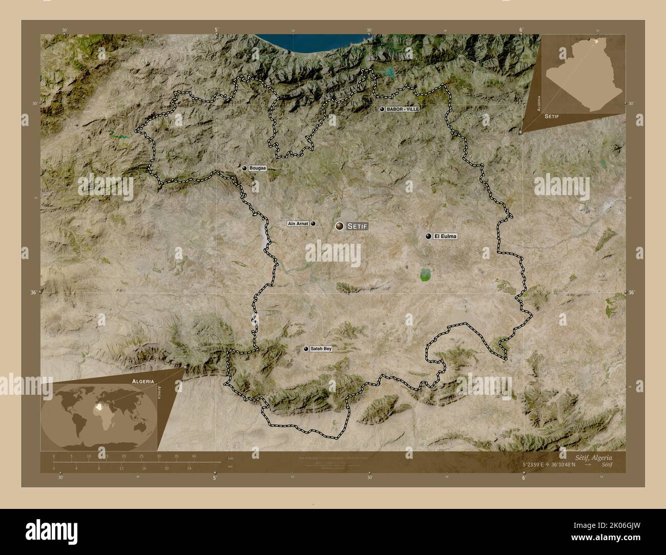 Setif, province of Algeria. Low resolution satellite map. Locations and ...