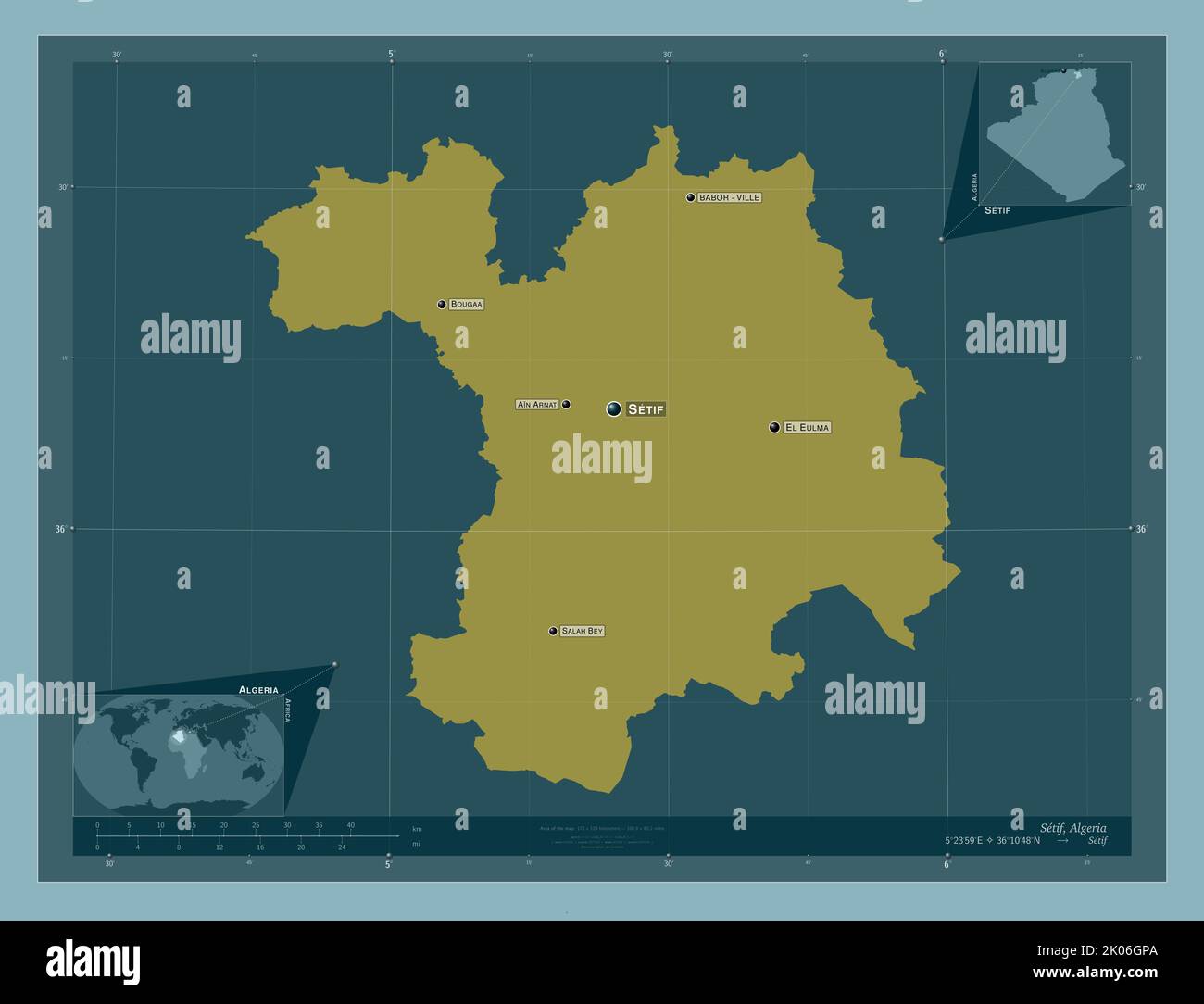 Setif, province of Algeria. Solid color shape. Locations and names of ...