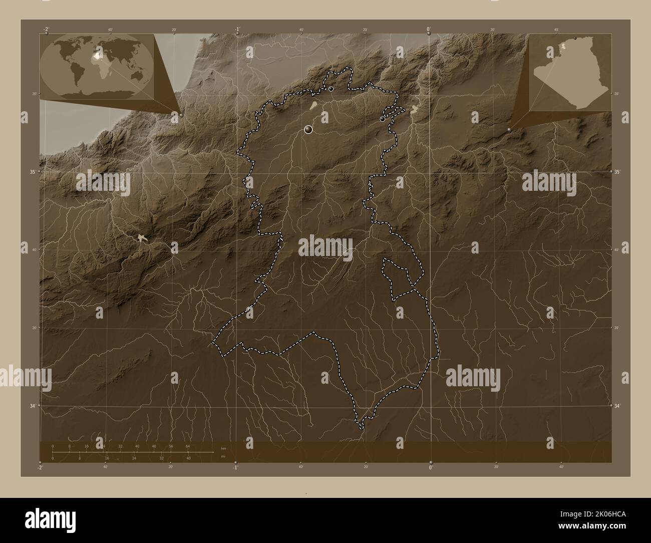 Sidi Bel Abbes, province of Algeria. Elevation map colored in sepia ...