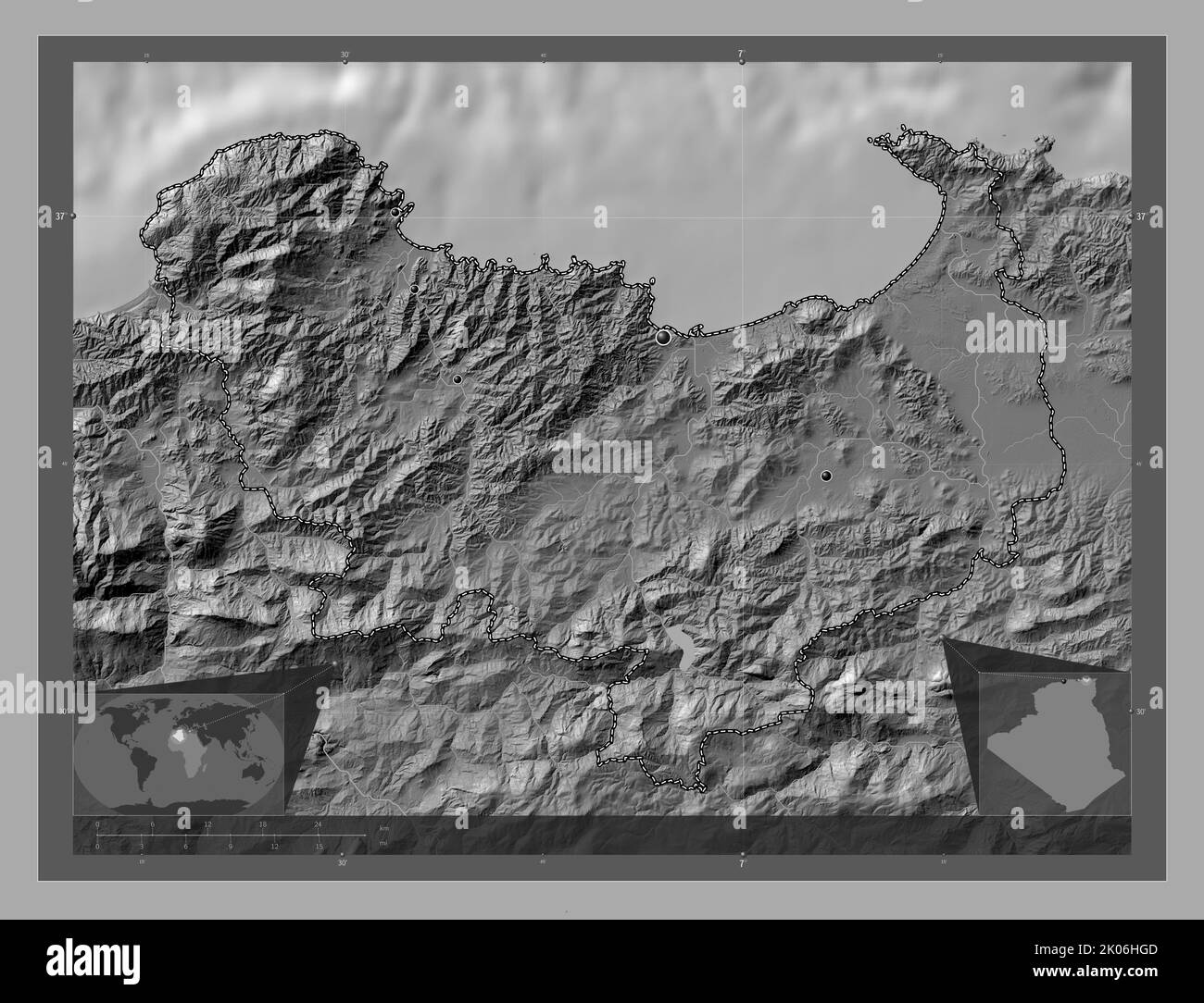Skikda, province of Algeria. Bilevel elevation map with lakes and ...