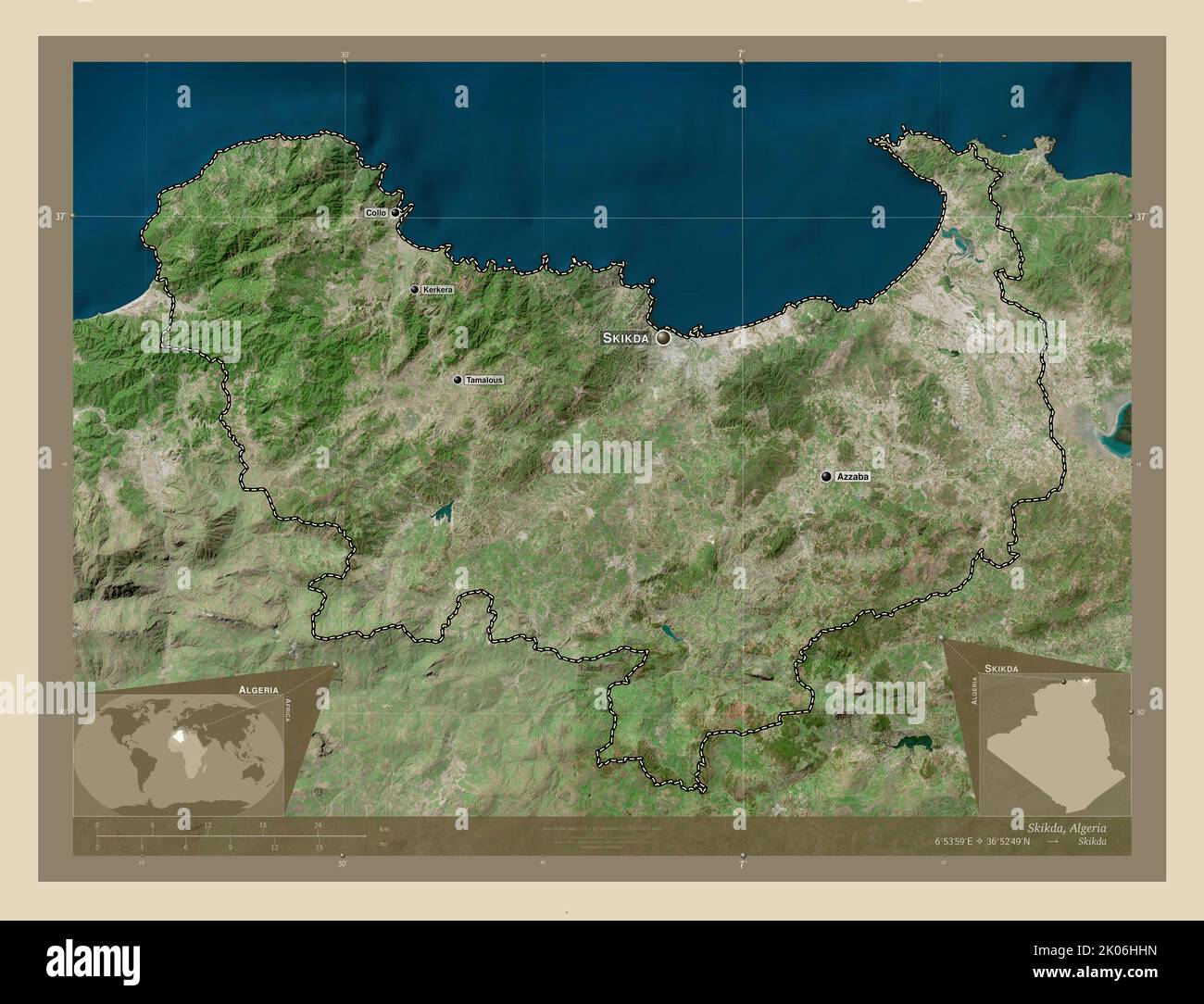 Skikda, province of Algeria. High resolution satellite map. Locations ...