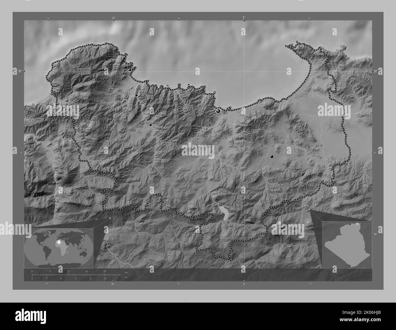 Skikda, province of Algeria. Grayscale elevation map with lakes and ...