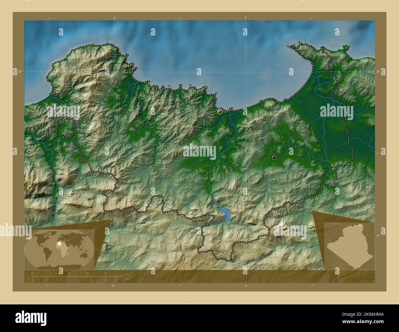 Skikda, province of Algeria. Colored elevation map with lakes and ...