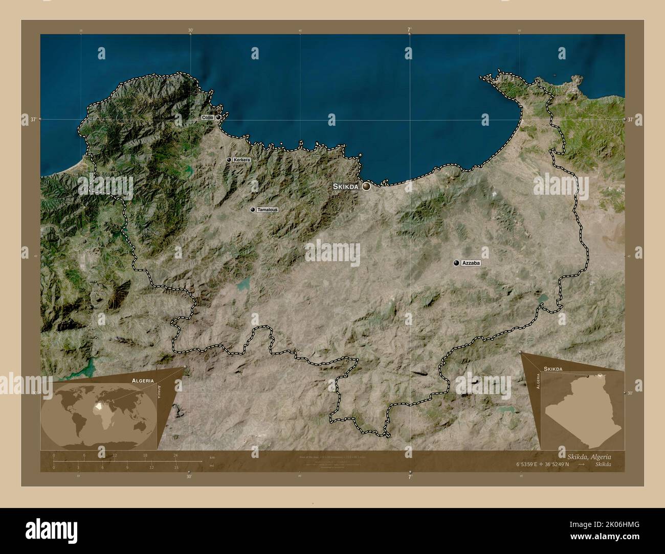 Skikda, province of Algeria. Low resolution satellite map. Locations ...