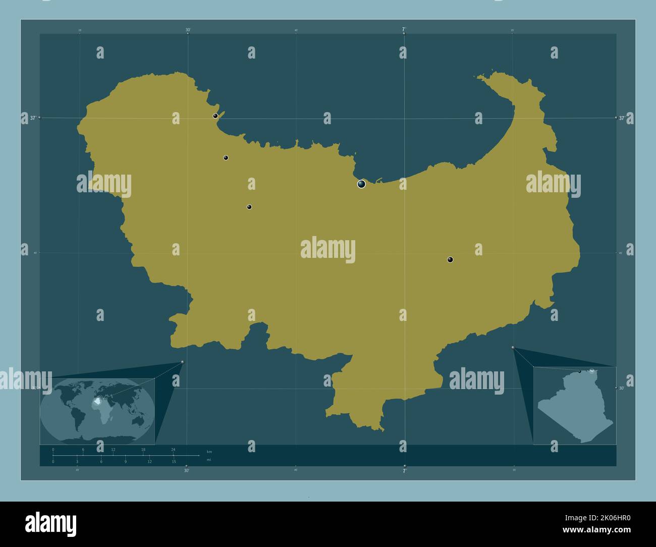 Skikda, province of Algeria. Solid color shape. Locations of major ...