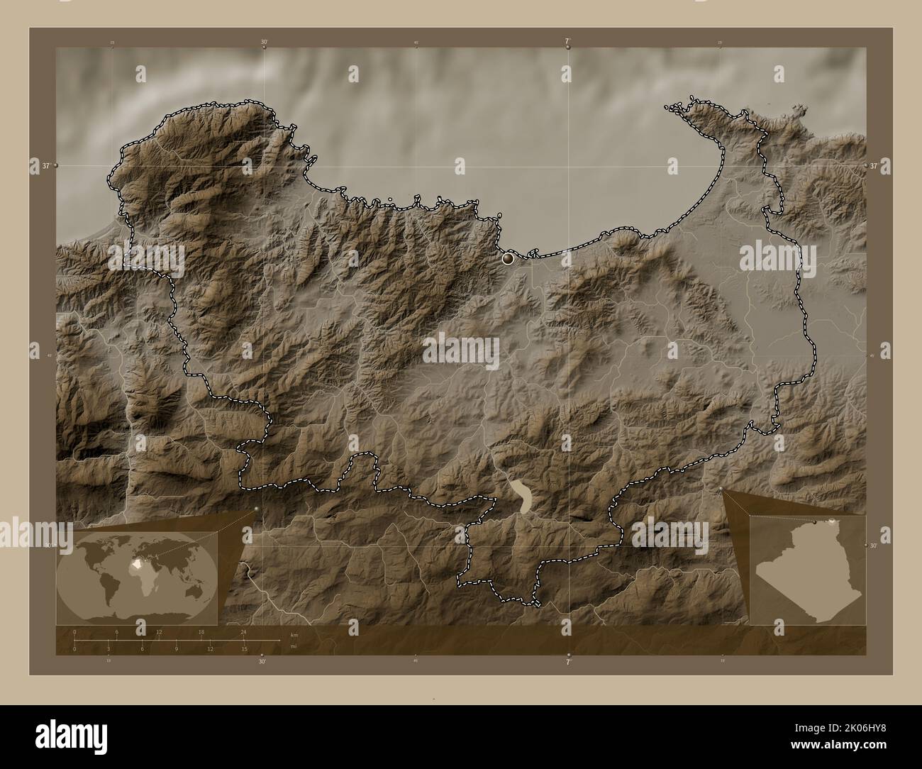 Skikda, province of Algeria. Elevation map colored in sepia tones with ...