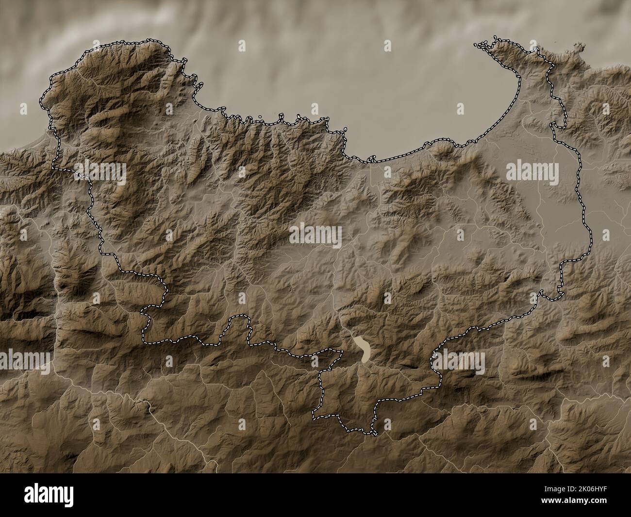Skikda, province of Algeria. Elevation map colored in sepia tones with ...