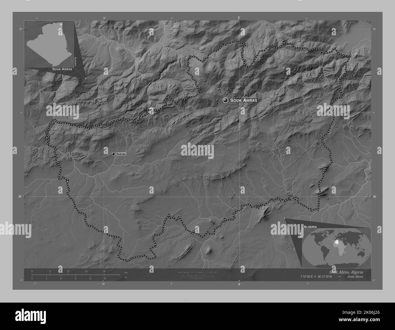 Souk Ahras, province of Algeria. Grayscale elevation map with lakes and ...