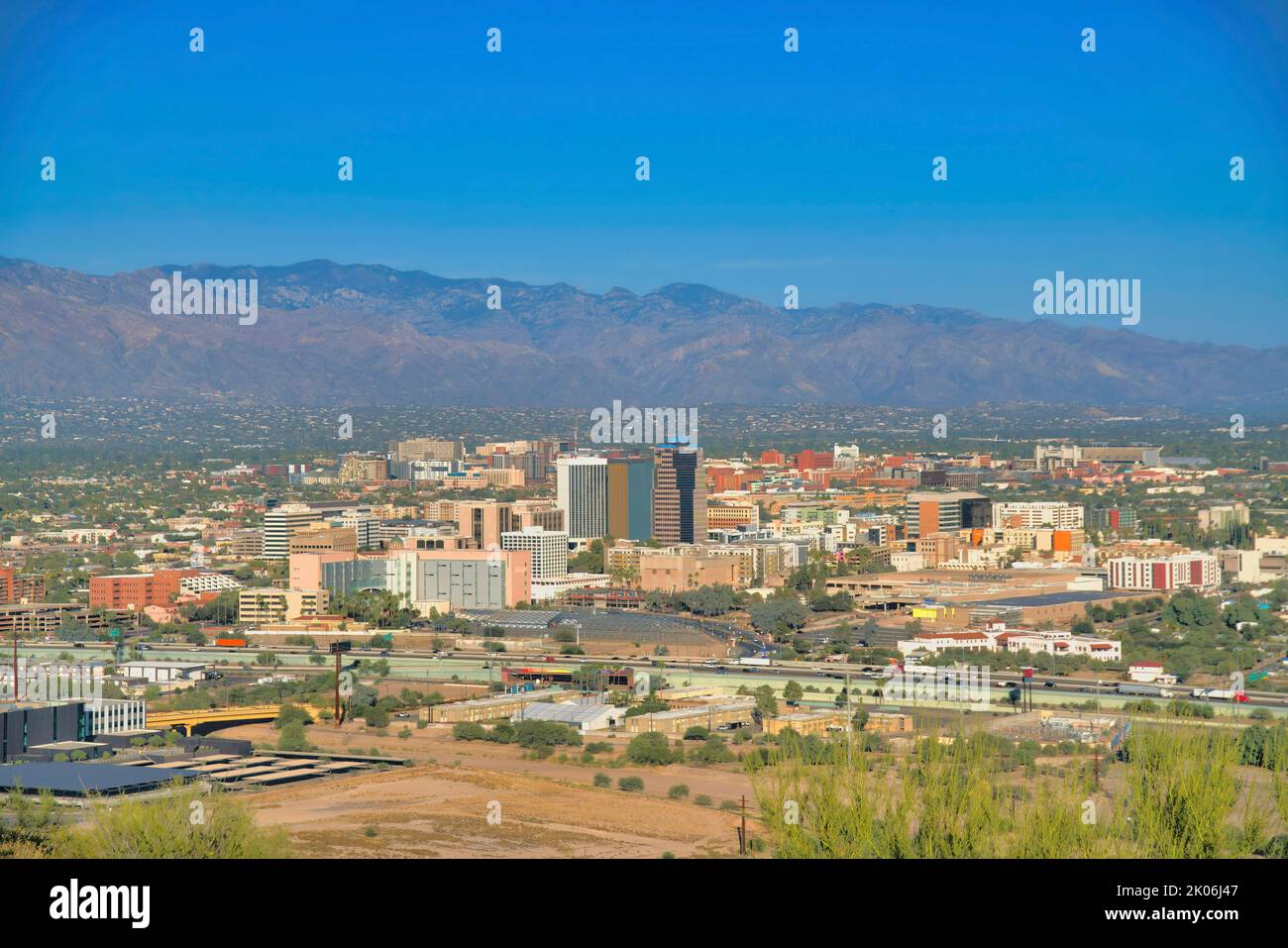 Panoramic aerial view of downtown Tucson Arizona against sunny blue sky ...