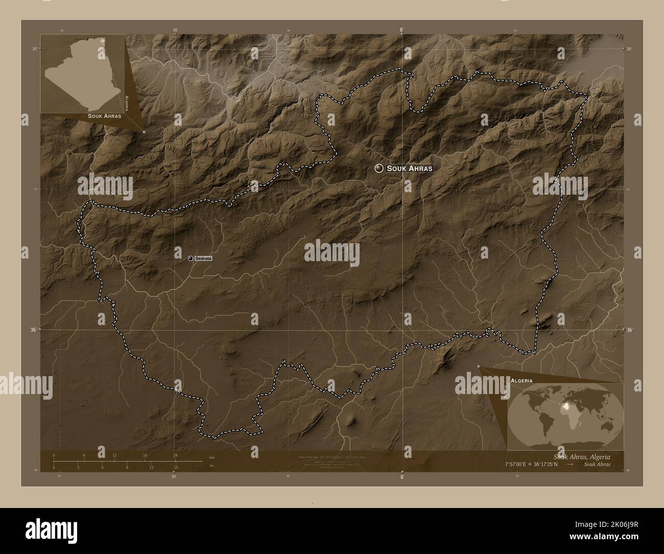 Souk Ahras, province of Algeria. Elevation map colored in sepia tones ...