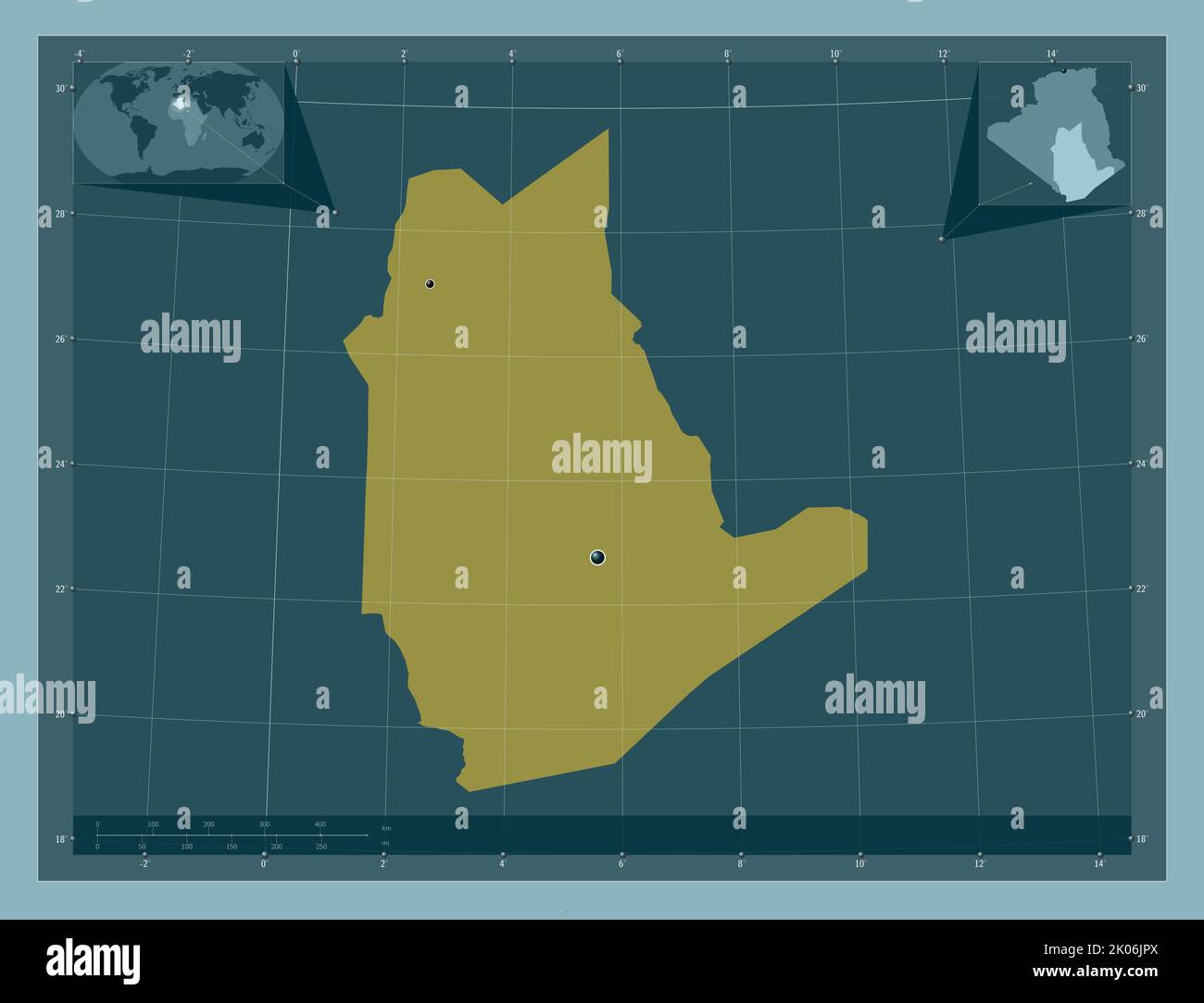 Tamanghasset, province of Algeria. Solid color shape. Locations of ...