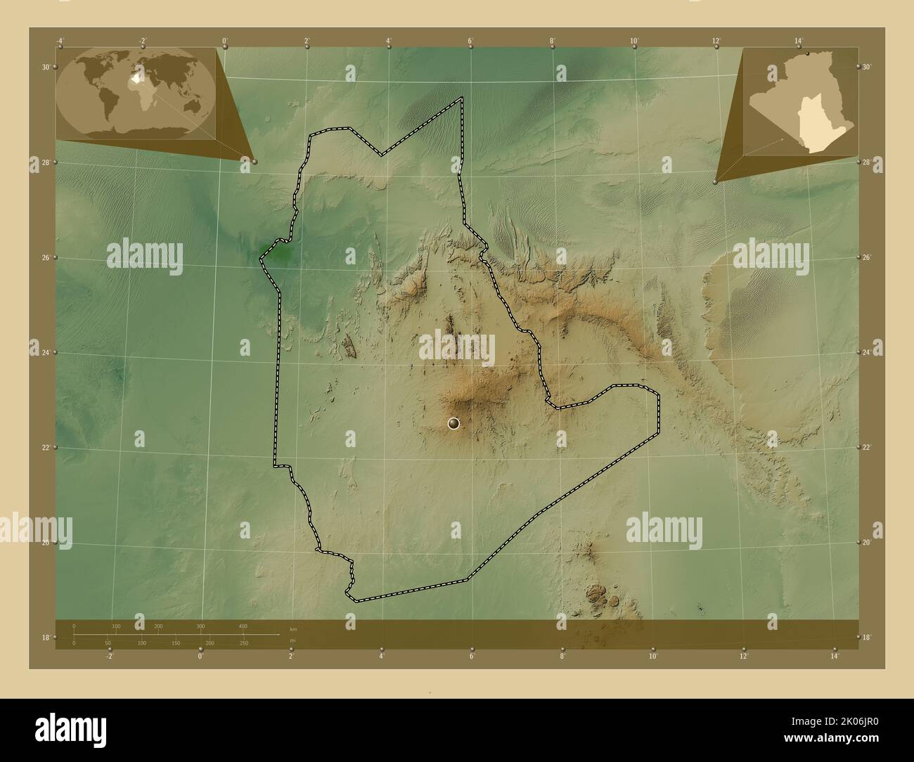 Tamanghasset, province of Algeria. Colored elevation map with lakes and ...