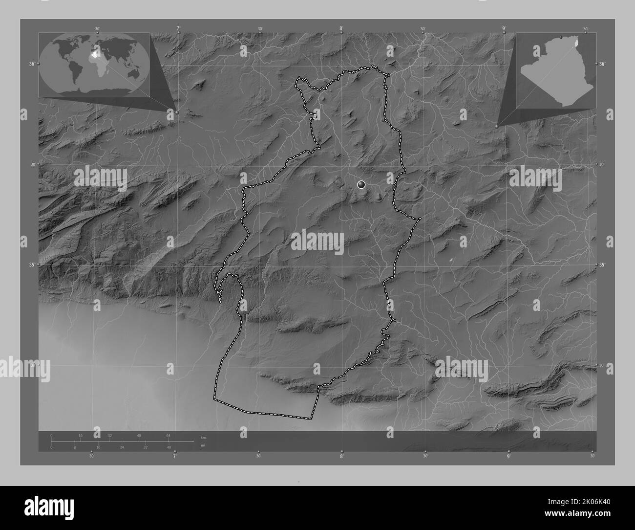 Tebessa, province of Algeria. Grayscale elevation map with lakes and ...