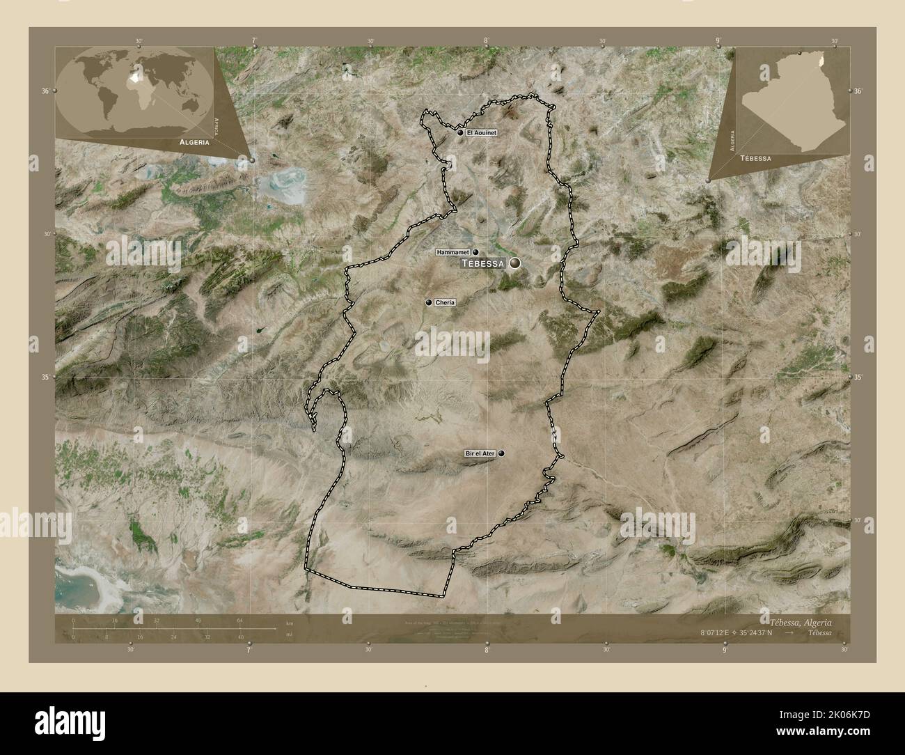 Tebessa, province of Algeria. High resolution satellite map. Locations ...