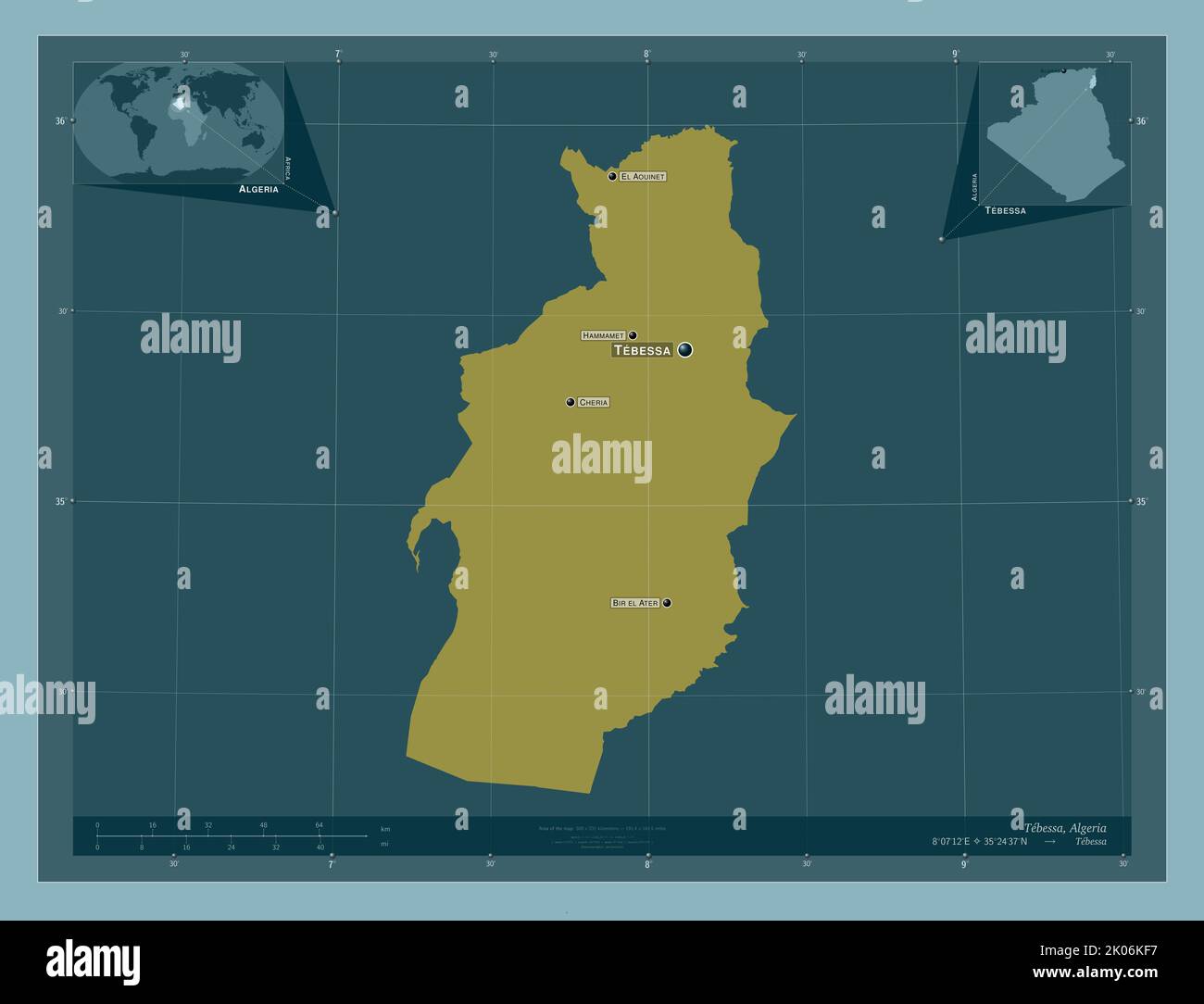 Tebessa, province of Algeria. Solid color shape. Locations and names of ...