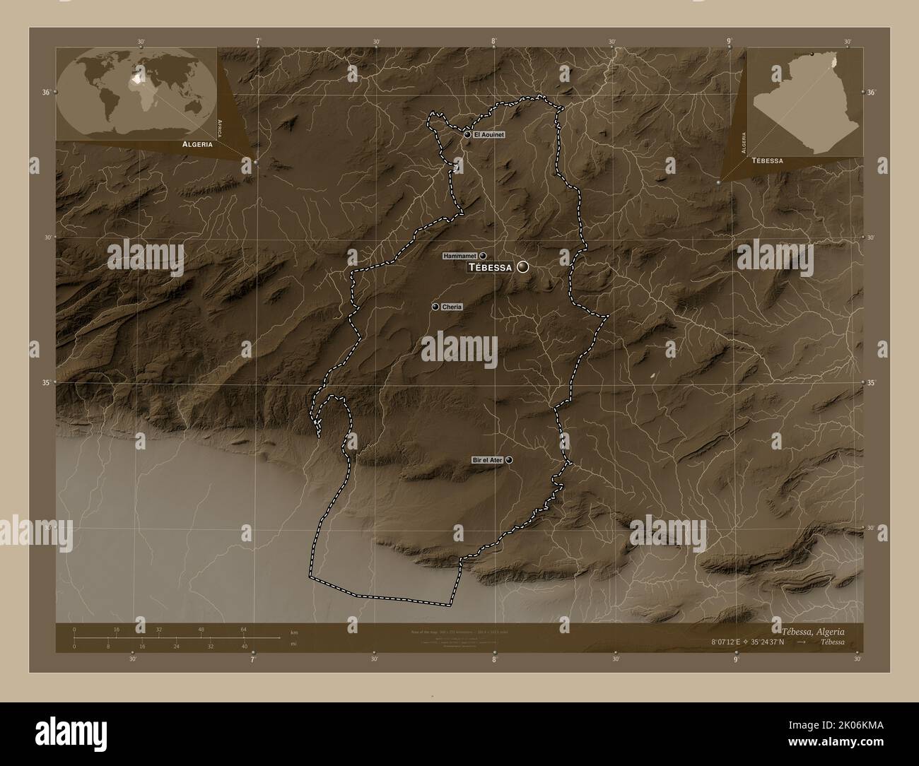 Tebessa, province of Algeria. Elevation map colored in sepia tones with ...