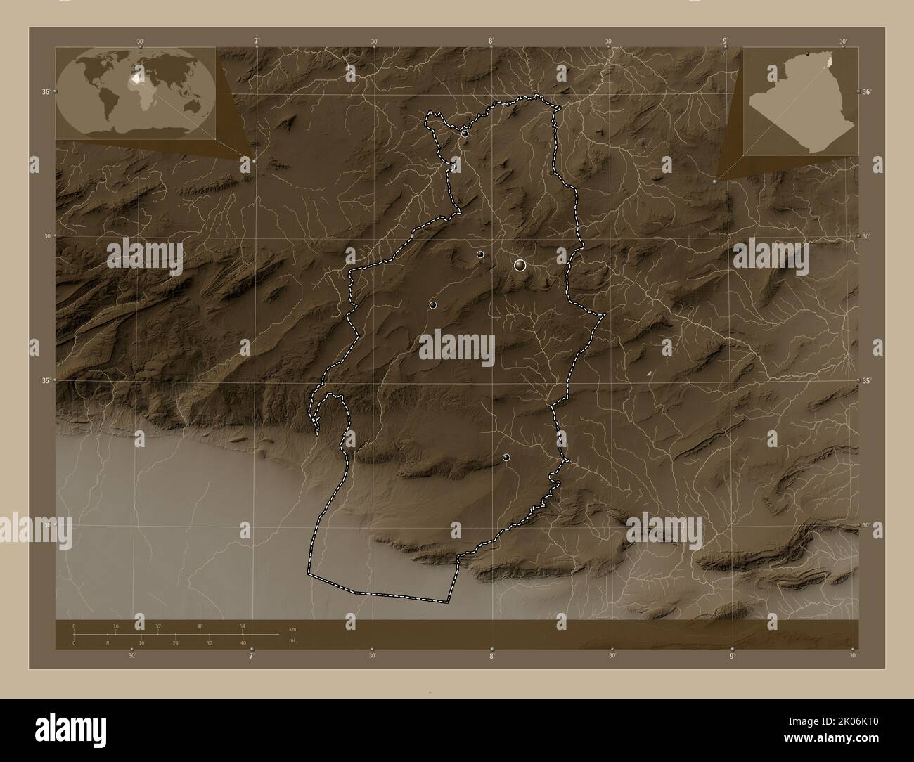 Tebessa, province of Algeria. Elevation map colored in sepia tones with ...