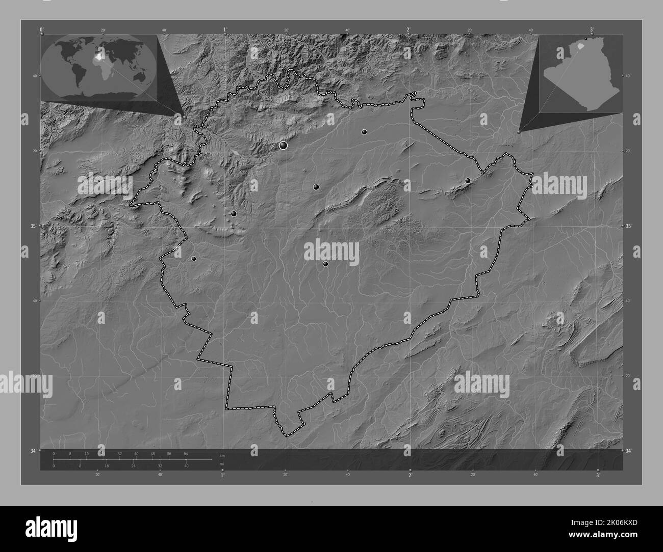 Tiaret, province of Algeria. Bilevel elevation map with lakes and ...