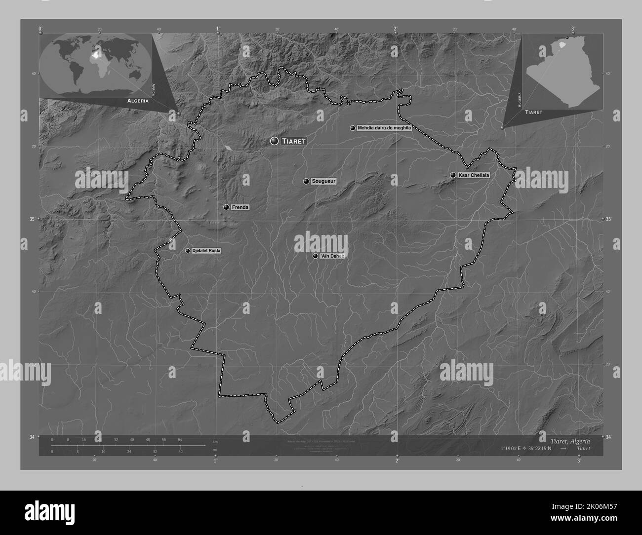 Tiaret, province of Algeria. Grayscale elevation map with lakes and ...