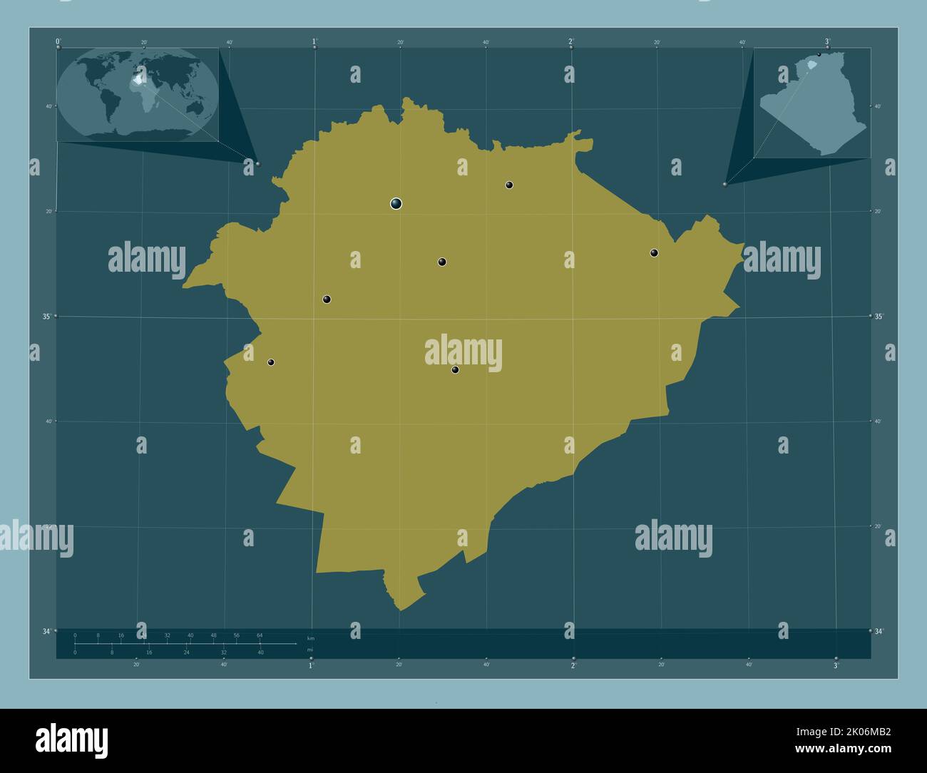 Tiaret Province Of Algeria Solid Color Shape Locations Of Major Cities Of The Region Corner