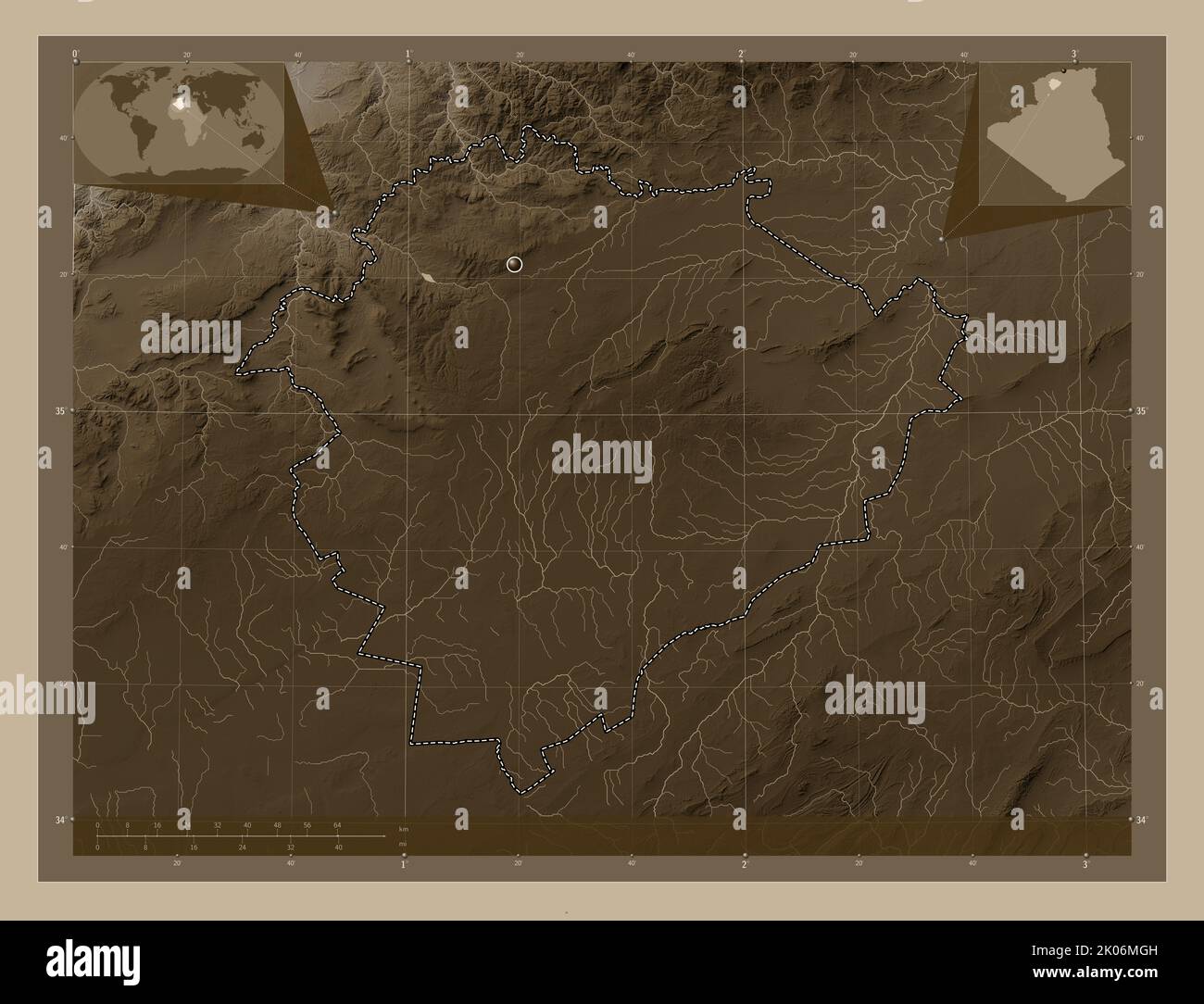 Tiaret, province of Algeria. Elevation map colored in sepia tones with ...