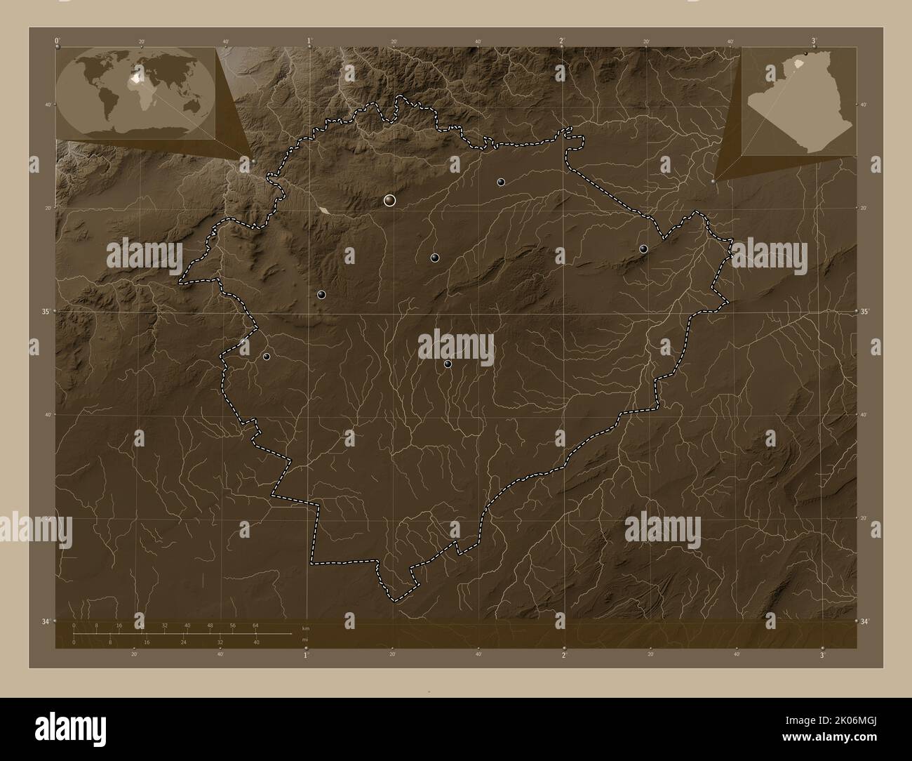 Tiaret, province of Algeria. Elevation map colored in sepia tones with ...