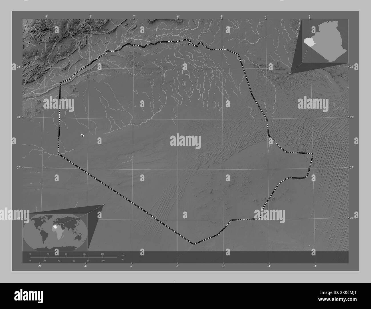 Tindouf, province of Algeria. Grayscale elevation map with lakes and ...