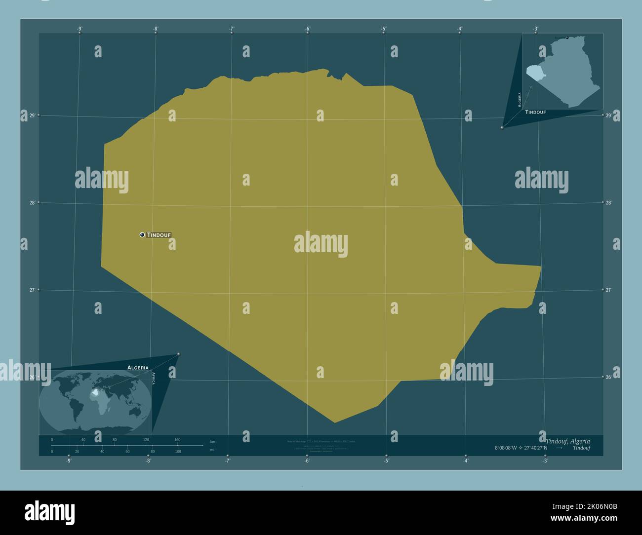 Tindouf, province of Algeria. Solid color shape. Locations and names of ...