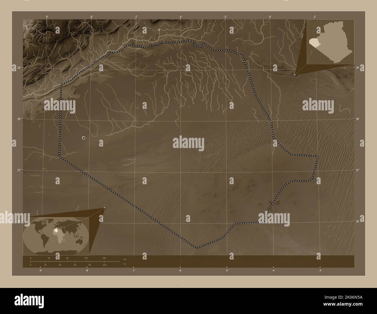 Tindouf, province of Algeria. Elevation map colored in sepia tones with ...