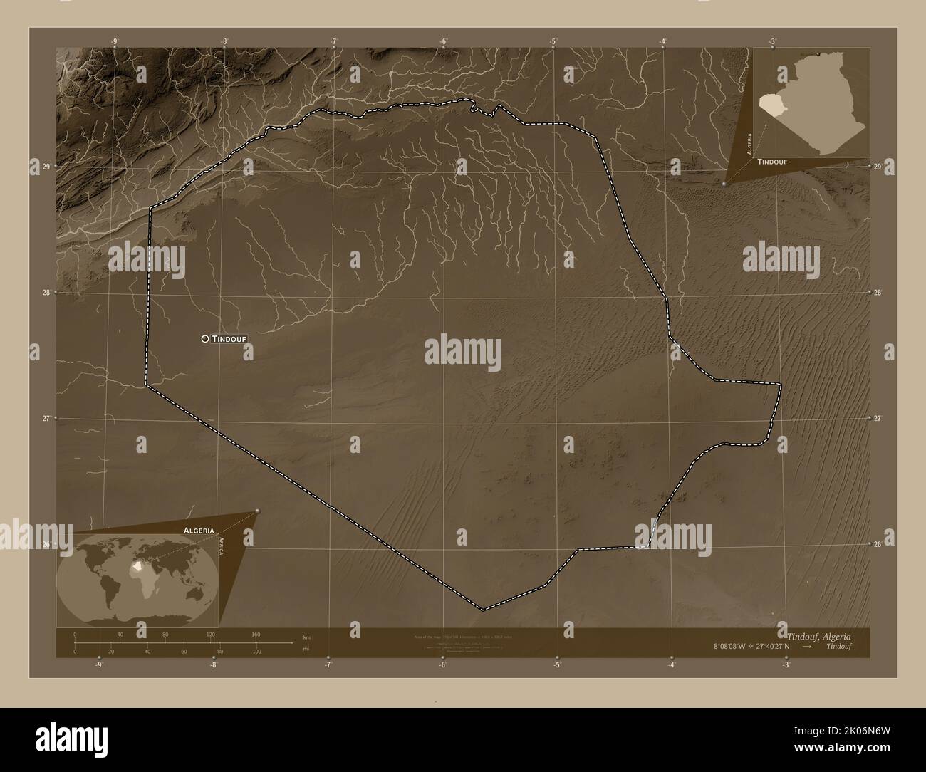 Tindouf, province of Algeria. Elevation map colored in sepia tones with ...