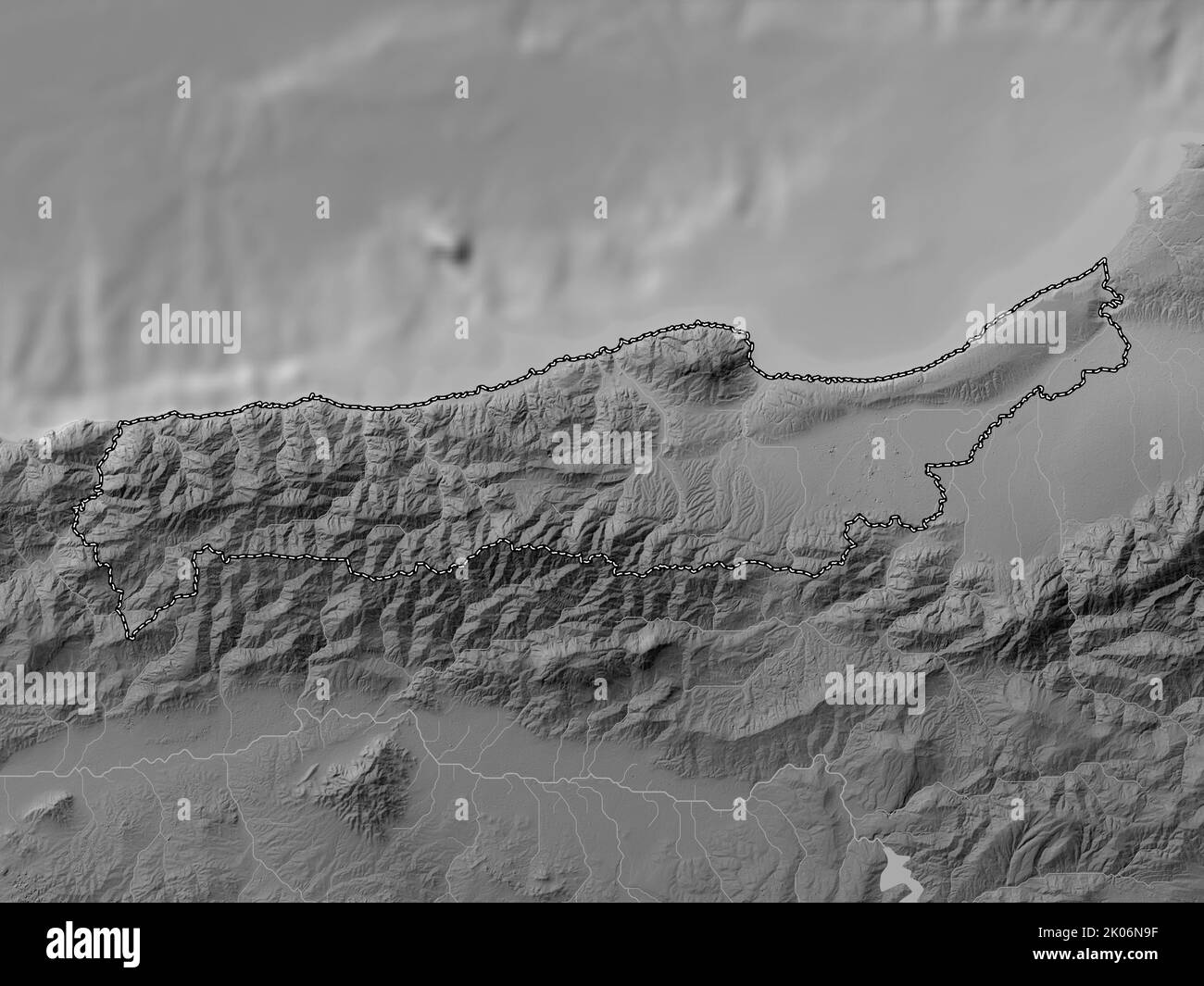 Tipaza, province of Algeria. Grayscale elevation map with lakes and ...