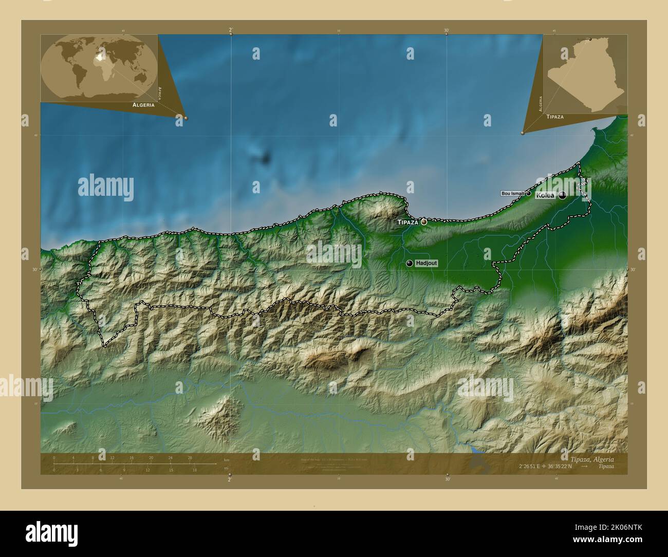 Tipaza, province of Algeria. Colored elevation map with lakes and ...