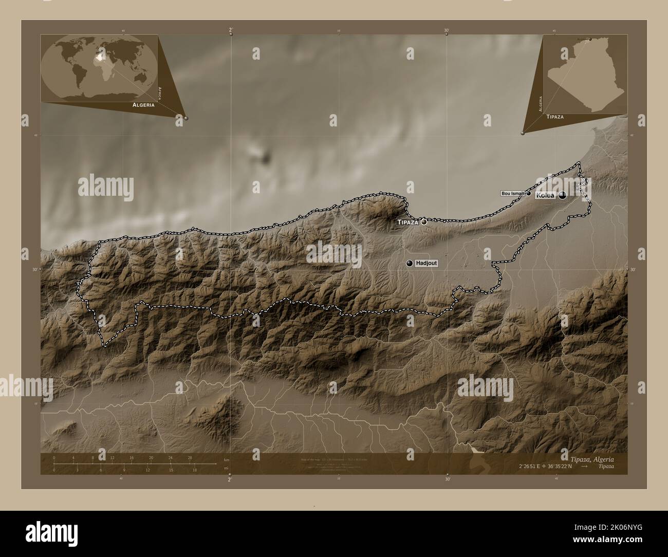 Tipaza, province of Algeria. Elevation map colored in sepia tones with ...