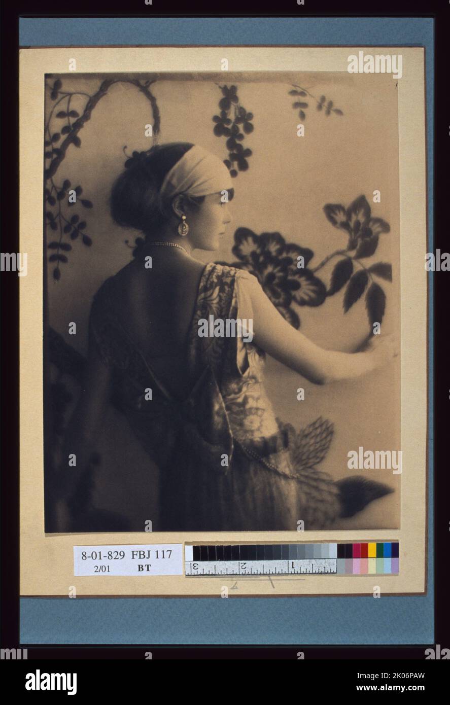 Woman, half-length portrait, facing right, viewed from behind, between ...