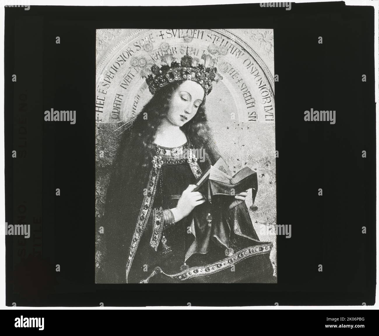 Reproduction of painting showing Virgin Mary. Photograph of detail from ...